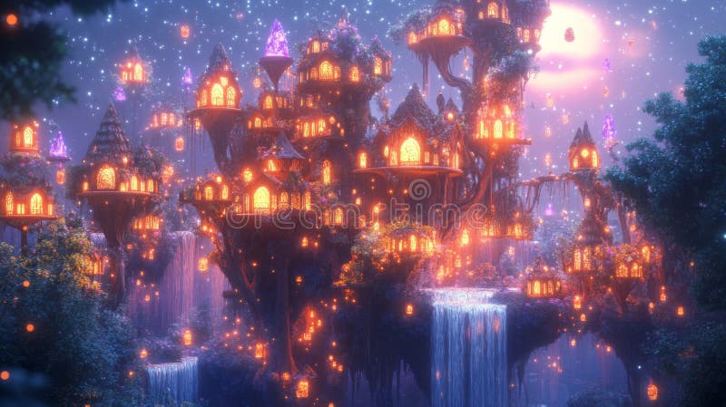 Enchanted Glowing Fantasy City at Night with Waterfall Stock ...