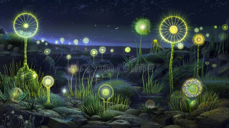Enchanted Glowing Flower Garden Under Starry Night Sky Stock Photo ...