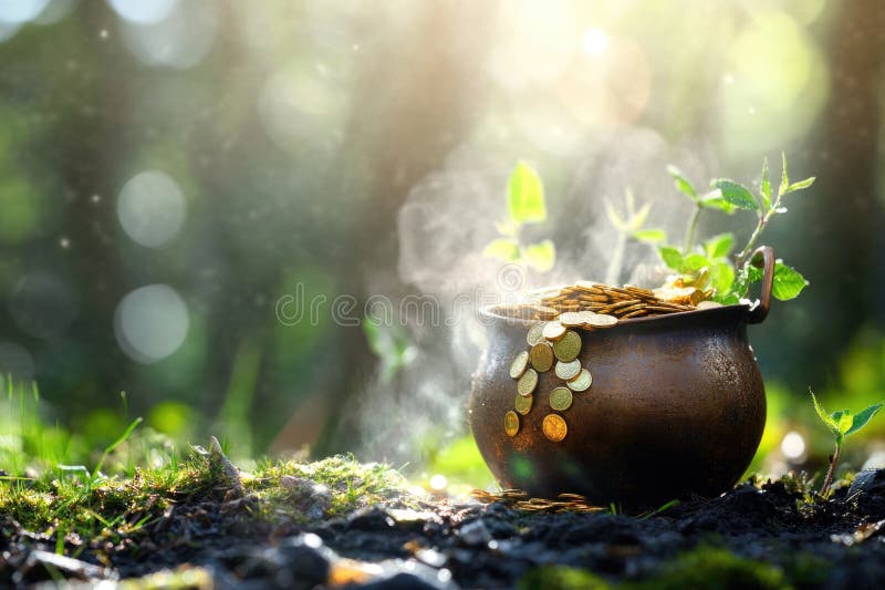 Enchanted Gold Pot with Coins Spilling in a Mystical Forest Setting ...