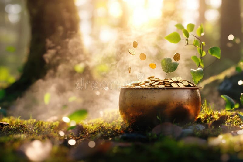 Enchanted Gold Pot with Coins Spilling in a Mystical Forest Setting ...