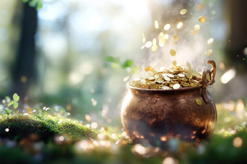 Enchanted Gold Pot with Coins Spilling in a Mystical Forest Setting ...