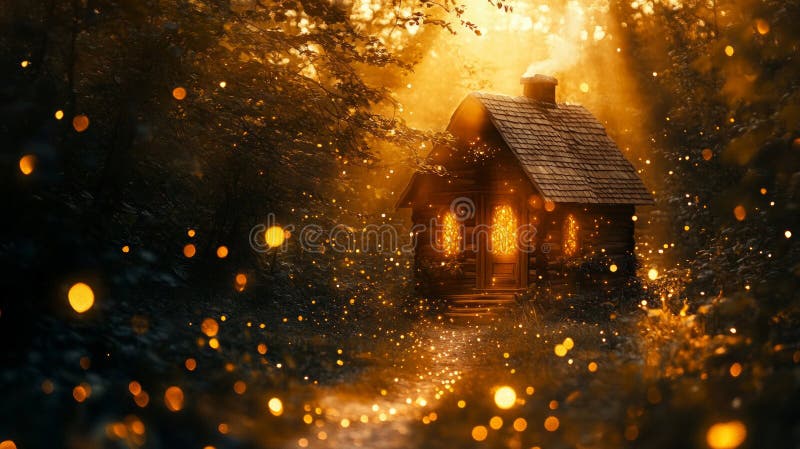 Enchanted Golden Cabin in a Magical Forest at Dusk Stock Illustration ...