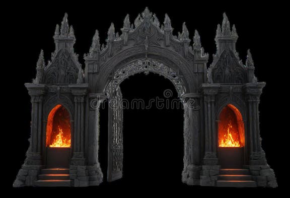 Enchanted Gothic Gateway with Fiery Lit Pillars Stock Photo - Image of ...