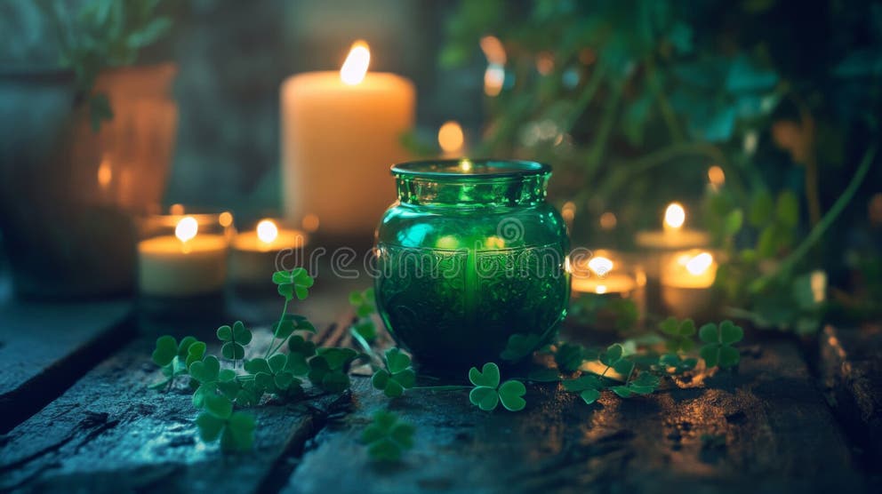 Enchanted Green Candlelight with Clover Stock Illustration ...