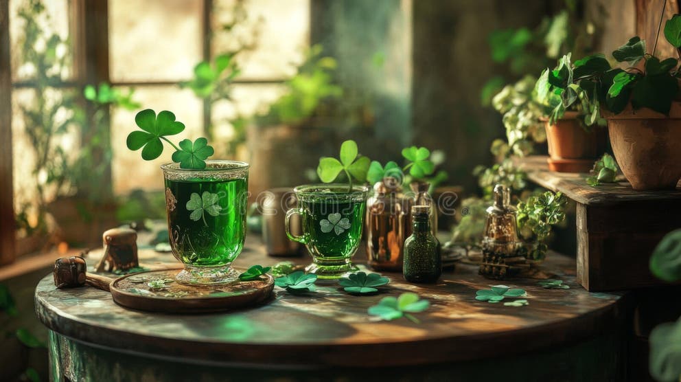 Enchanted Green Drink with Clovers on Rustic Table Stock Illustration ...