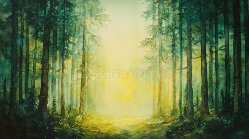 Enchanted Green Forest Path Sunlight Watercolor Painting Stock ...