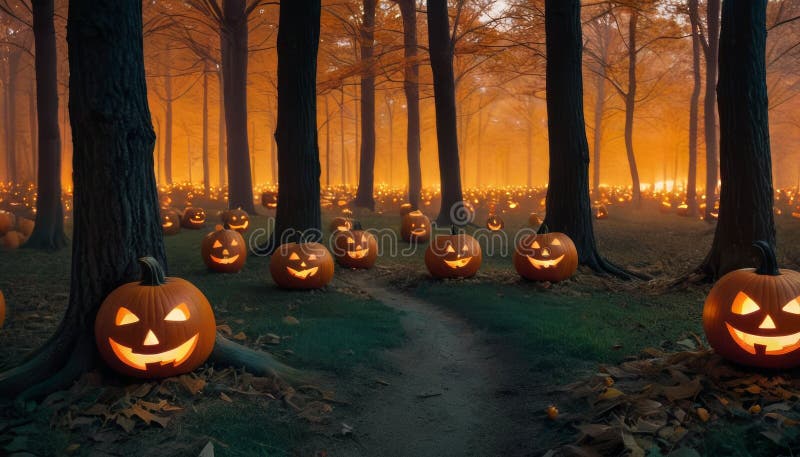 Enchanted Halloween Pumpkin Path in Twilight Forest Stock Photo - Image ...