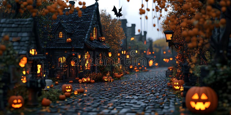 Enchanted Halloween Town Spooky Autumn Night Scene Stock Illustration ...