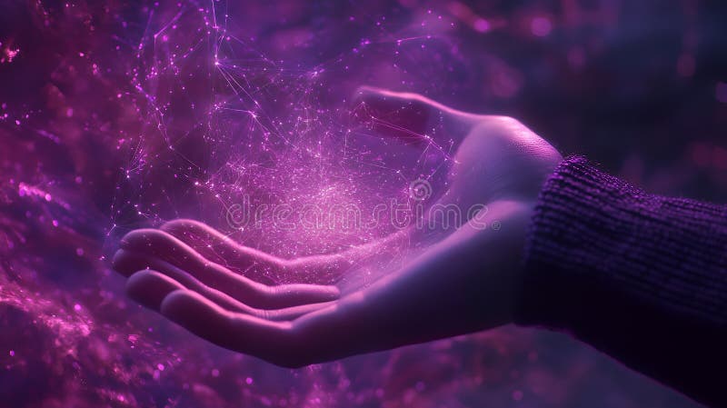 Enchanted Hands Holding Glowing Purple Network Digital Connection ...