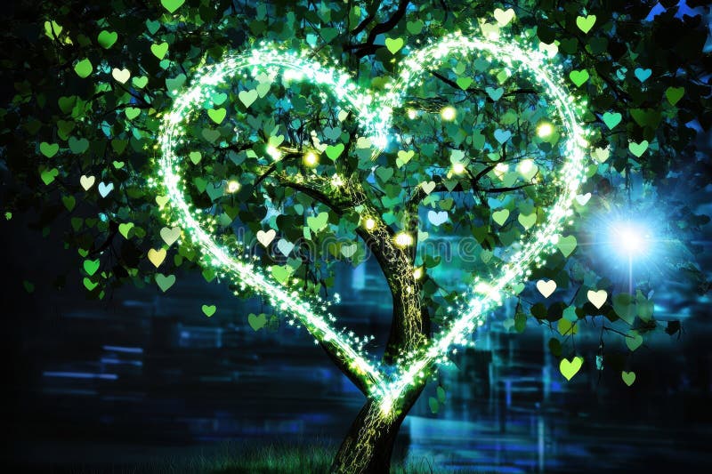 Enchanted Heart-Shaped Lights on Tree in Mystical Forest Background ...