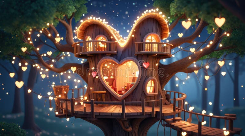 Enchanted Heart Shaped Treehouse in a Magical Forest at Night Stock ...