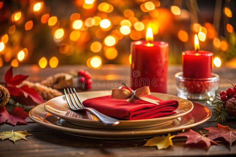 Enchanted Holiday Table Setting a Double Exposure of Festive Red ...