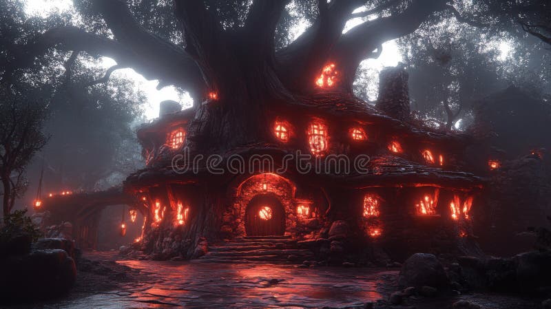 Enchanted House Burning in Dark Forest at Night Stock Image - Image of ...