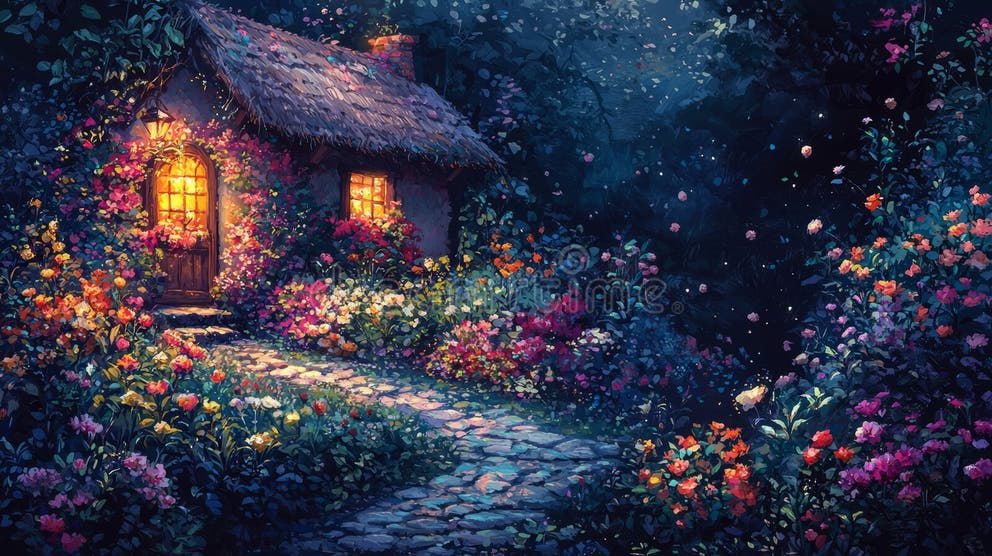 Enchanted House in a Magic Garden Stock Image - Image of lights ...
