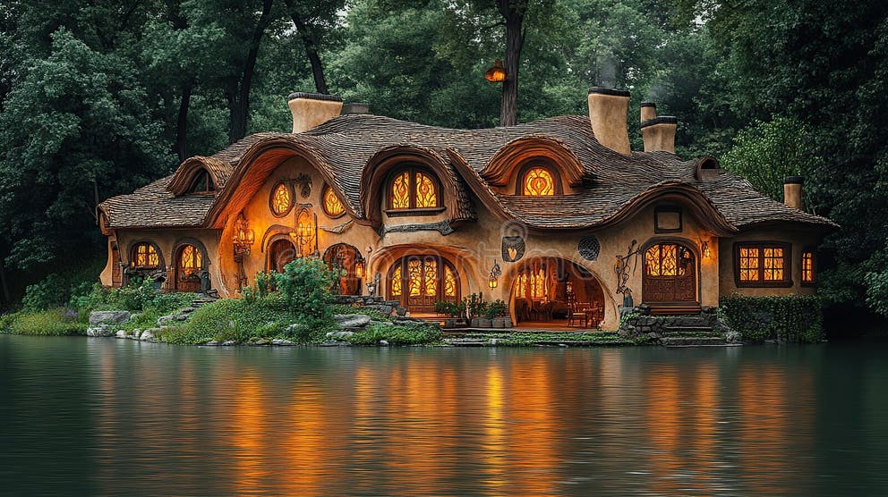 Enchanted House on a Tranquil Lake Stock Image - Image of woods ...