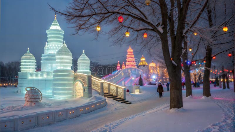 Enchanted Ice Castle at Night Stock Illustration - Illustration of ...