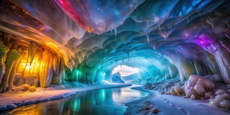 Enchanted Ice Cave with Vibrant Hues and Icy Stream. Generative AI ...