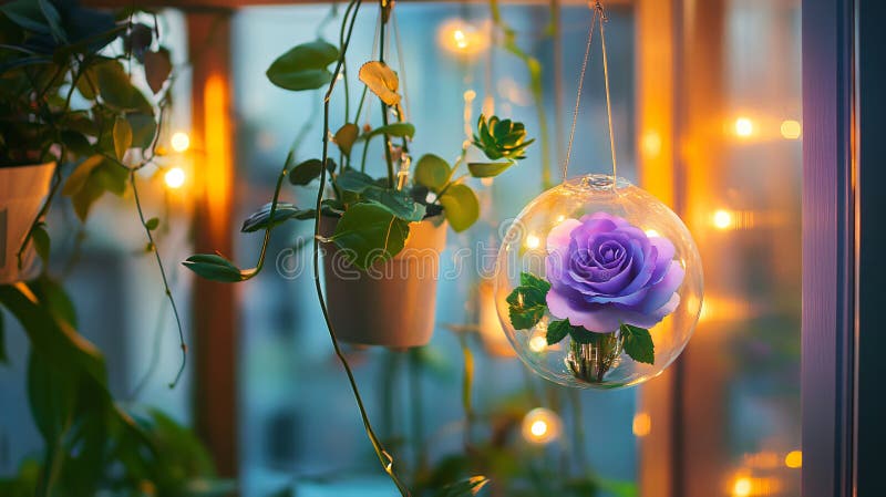 Enchanted Indoor Garden with Purple Rose Fairy Lights Stock ...