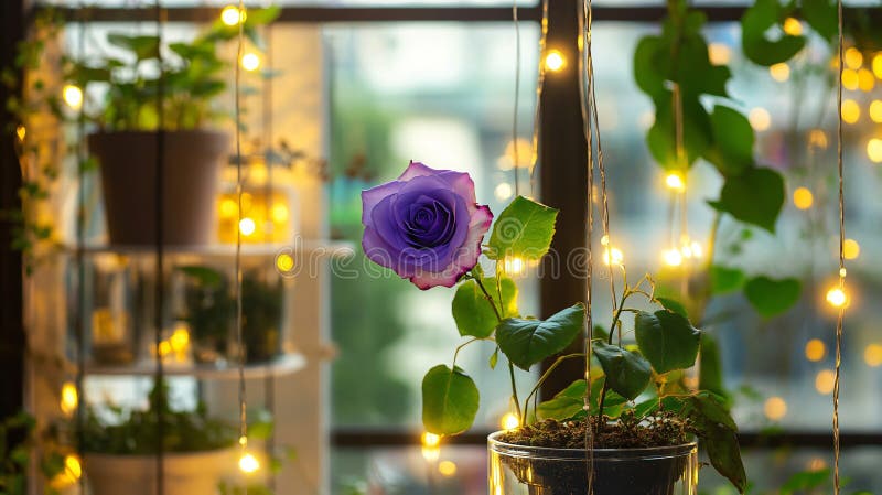 Enchanted Indoor Garden with Purple Rose Fairy Lights Stock ...