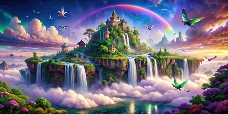 Enchanted Island Castle with Rainbow and Cascading Waterfalls ...