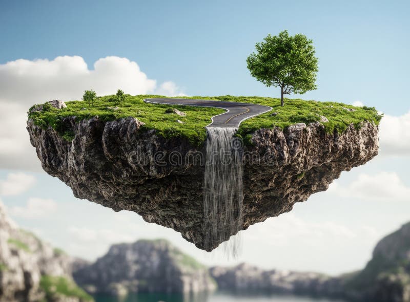 Enchanted Island Featuring Floating Islets, a Waterfall, and a Meadow ...