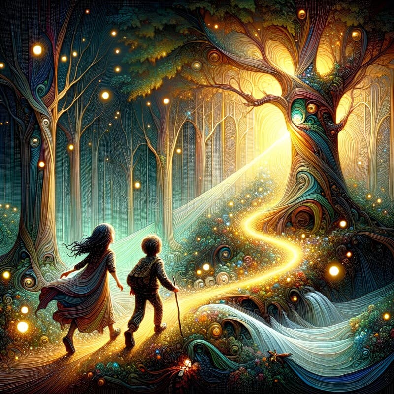 Enchanted Journey: Siblings Amidst a Luminous Forest Quest. AI ...