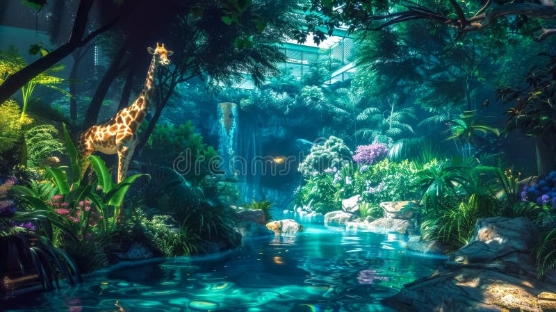 Enchanted Jungle Stream with Giraffe and Waterfall Stock Photo - Image ...