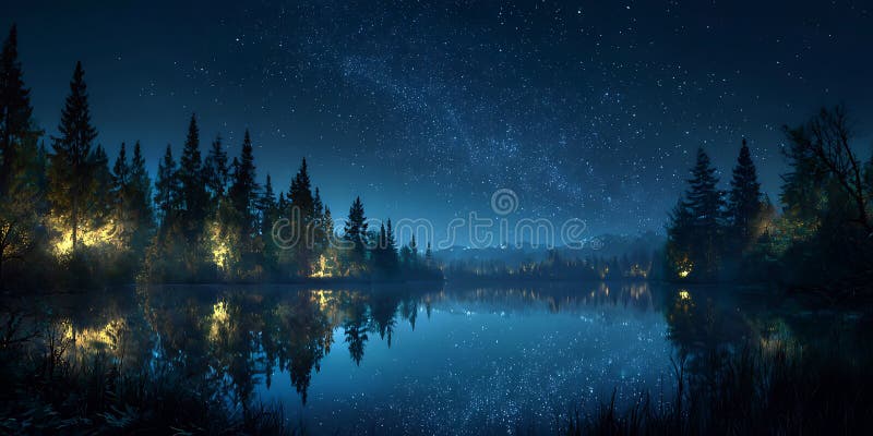 Enchanted Lake Night Scene with Sparkling Lights and Starry Sky Stock ...