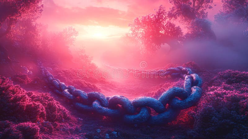 Enchanted Landscape with Massive Chain at Sunset in a Mystical Forest ...