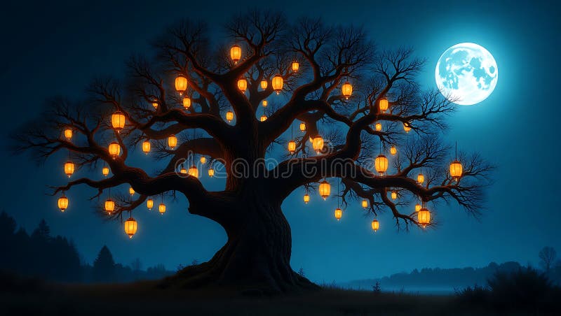 Enchanted Lantern Tree Under Moonlight Magical Nightscape Art Stock ...