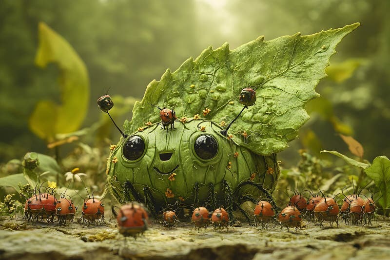 Enchanted Leaf Creature Surrounded by Tiny Insects Stock Illustration ...