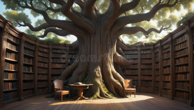 Enchanted Library with Central Tree Stock Image - Image of indoors ...