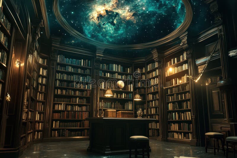 Enchanted Library with Cosmic Ceiling and Classic Books in a Vintage ...