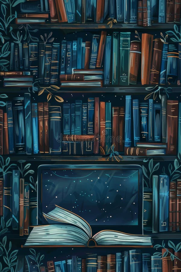 Enchanted Library with Glowing Open Book, Starry Night Reflection ...