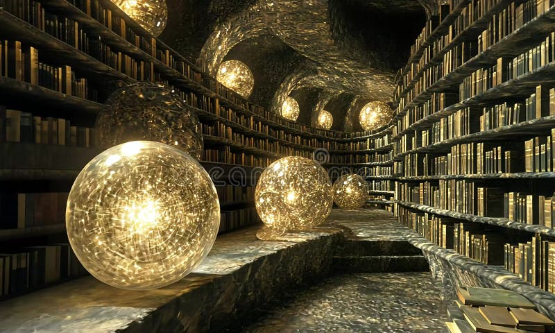 Enchanted Library with Glowing Orbs Illuminating Ancient Books in a ...