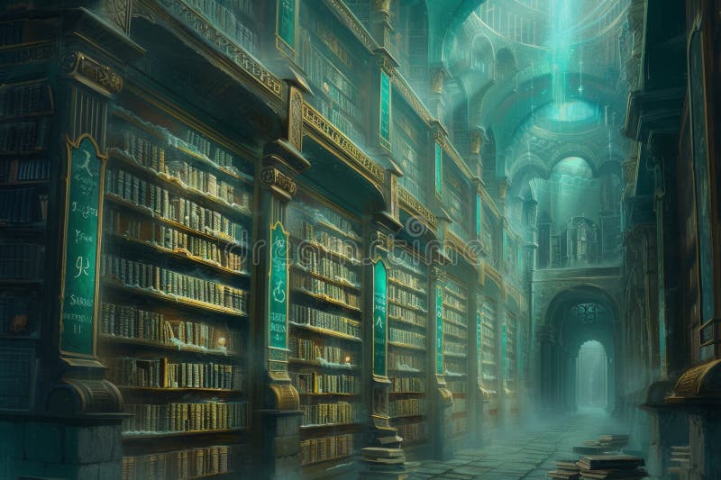 Enchanted Library Halls with Ancient Emerald-Bound Tomes Stock Photo ...