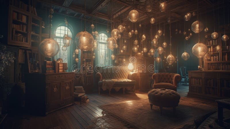 Enchanted Library with Hanging Lights. Created by Generative Artificial ...