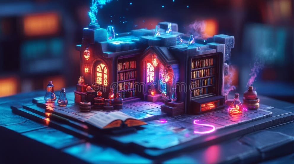 Enchanted Library House Glowing with Neon Lights Stock Illustration ...