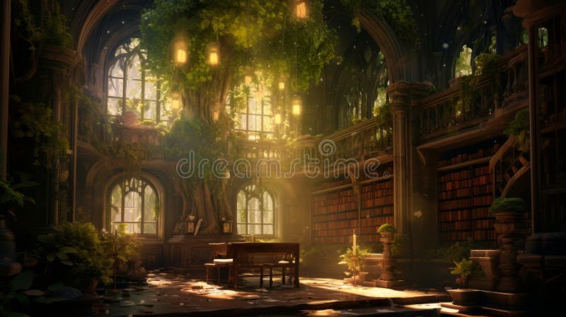 Enchanted Library Room with Nature Overgrowth and Magical Light ...