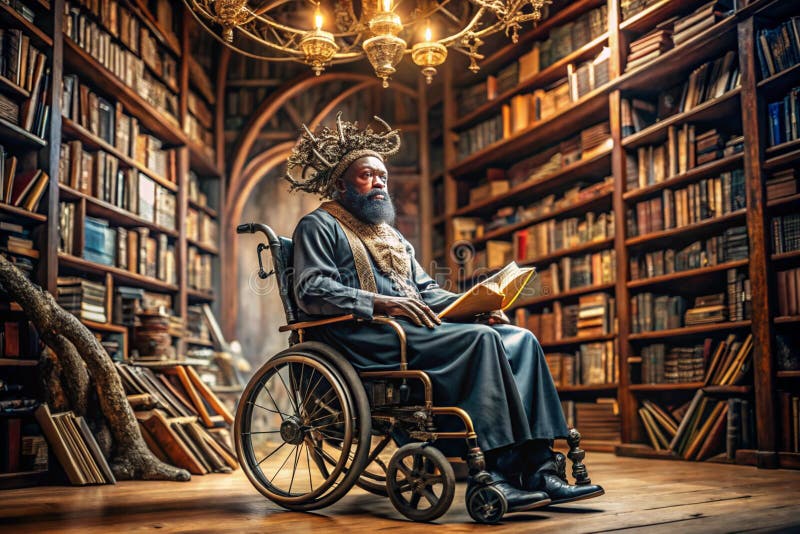 Enchanted Library Scene Featuring a Wheelchair Bound Wizard Amidst ...