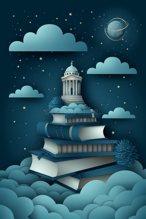 Enchanted Library Tower with Starry Night Sky and Floating Books in ...