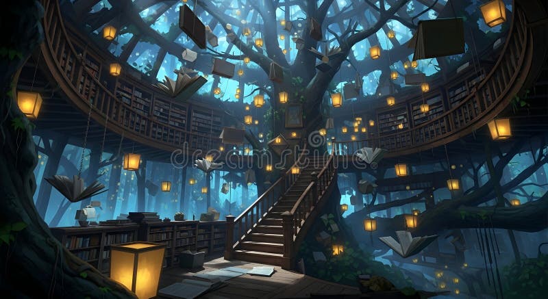 Enchanted Library Treehouse with Floating Books and Lanterns in a ...