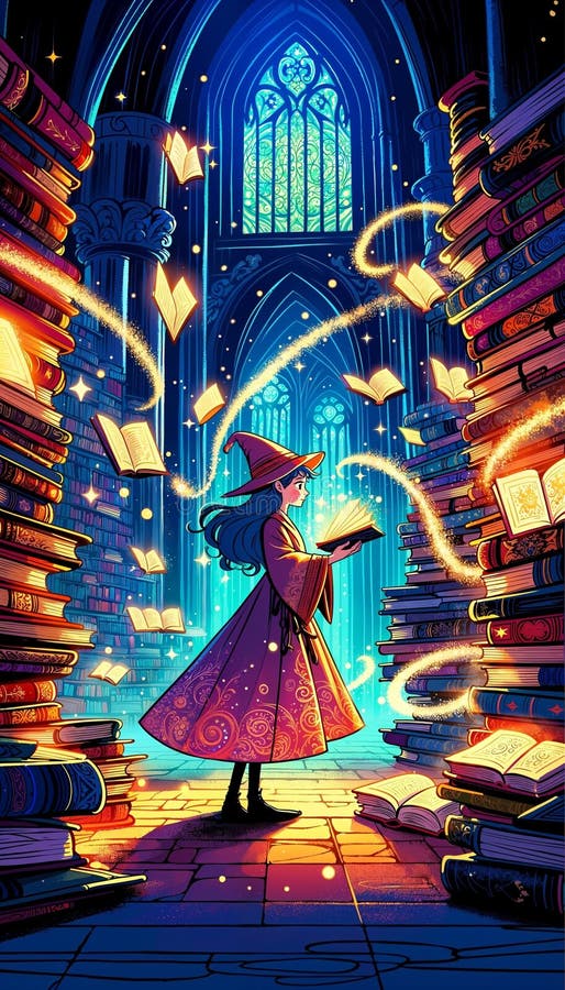 Enchanted Library: a Wizardess Conjuring Book Illustrations - AI ...