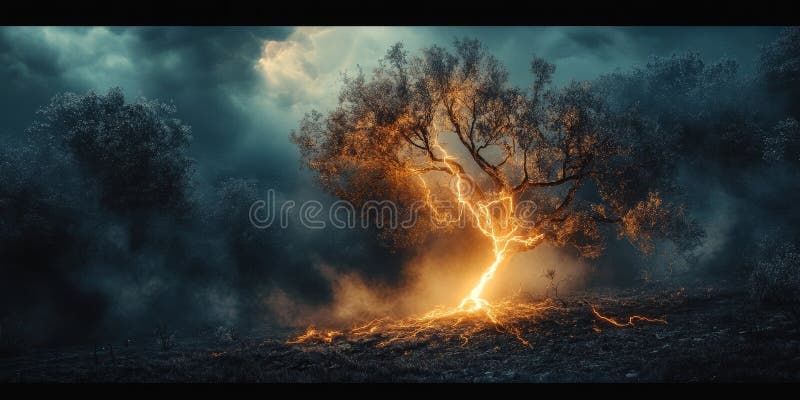 Enchanted Lightning Tree in a Dark Forest Stock Illustration ...