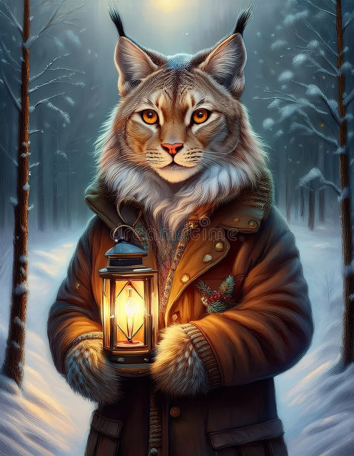 Enchanted Lynx with Lantern in Cold Night Stock Illustration ...
