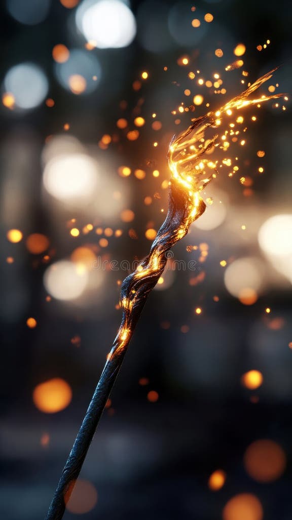 Enchanted Magic Wand with Glowing Sparks in Dark Forest Stock ...