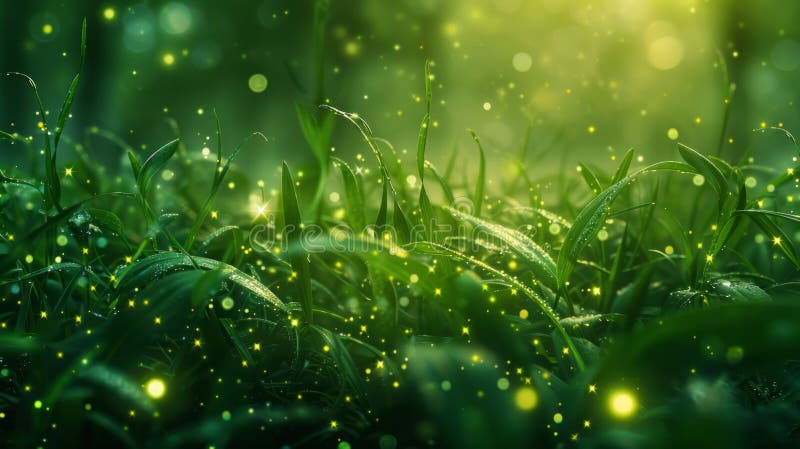 Enchanted Meadow: Dewy Grass with Fireflies, Magical Summer Night Stock ...