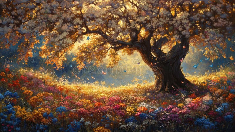 Enchanted Meadow with Golden Sunset and Old Tree Stock Illustration ...
