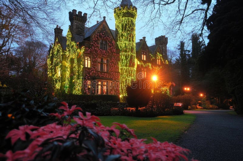 Enchanted Medieval Castle Illuminated with Festive Lights in Serene ...