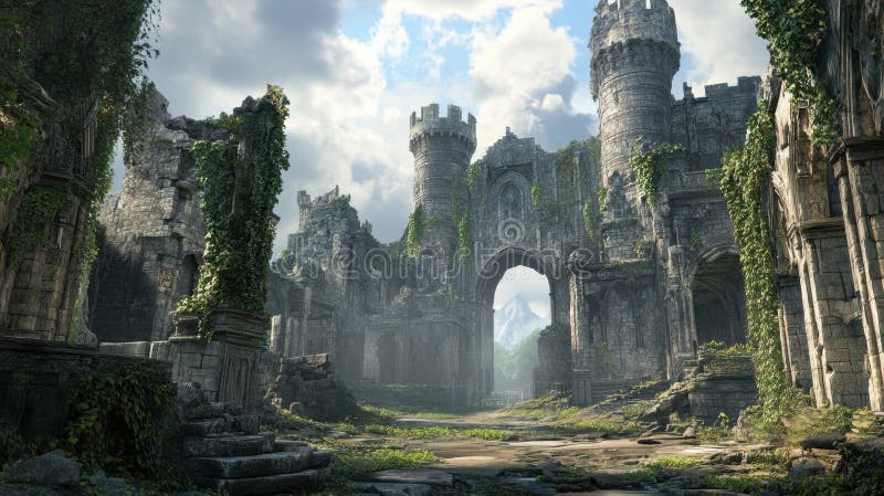 Enchanted Medieval Castle Ruins in Lush Forest Scenery Stock Photo ...